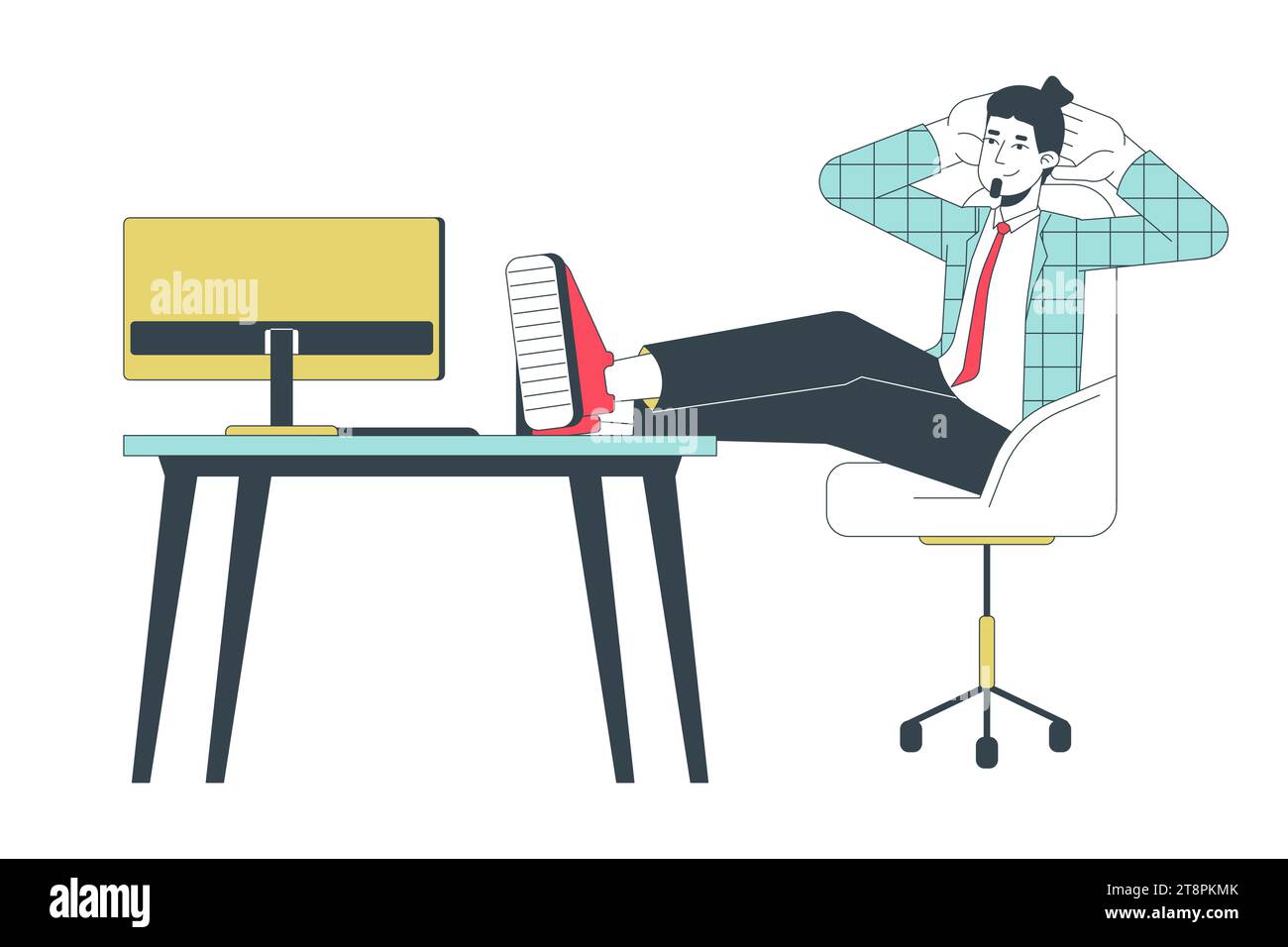 Male office worker sitting with legs on table 2D linear cartoon ...