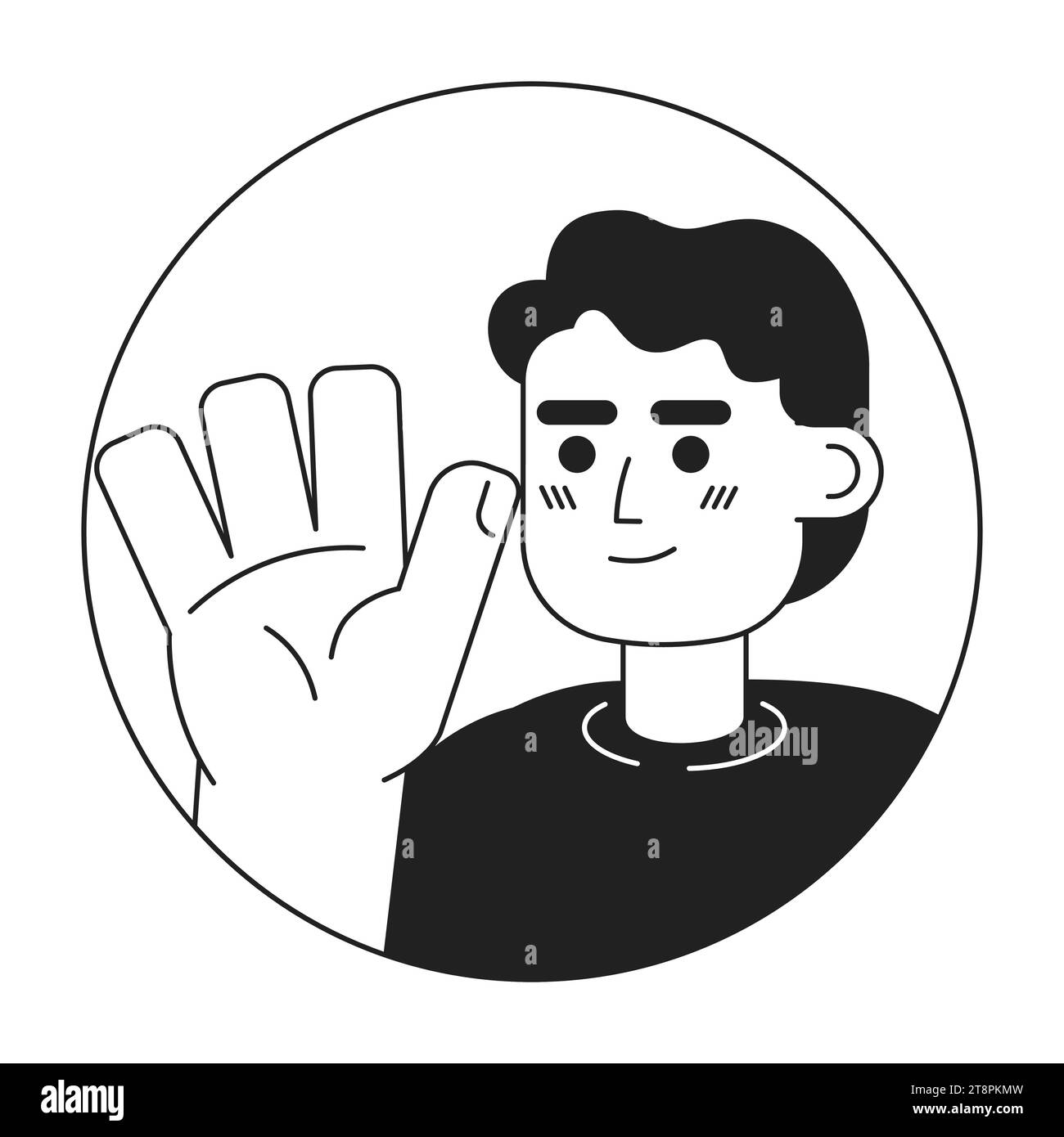 Japanese young adult man waving hand greeting black and white 2D vector ...