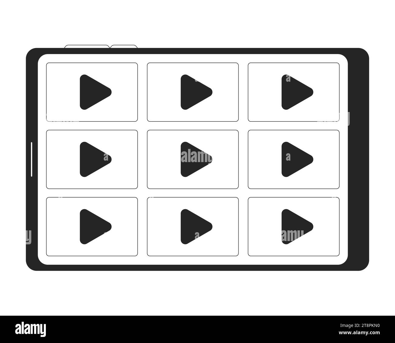 Tablet computer with streaming platform black and white 2D line cartoon ...