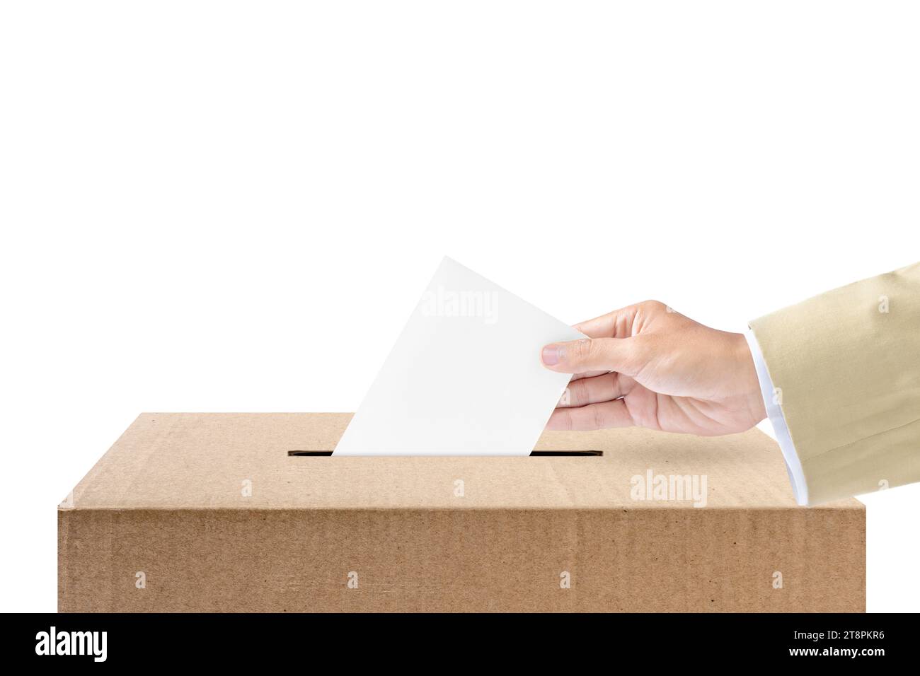 Human hand inserts vote paper into ballot box isolated over white ...