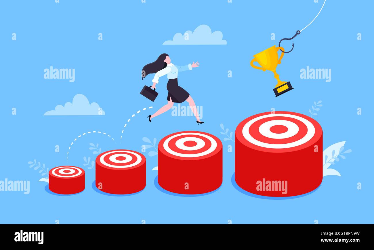 Businesswoman runs and jumps from small target goal to reach bigger ...