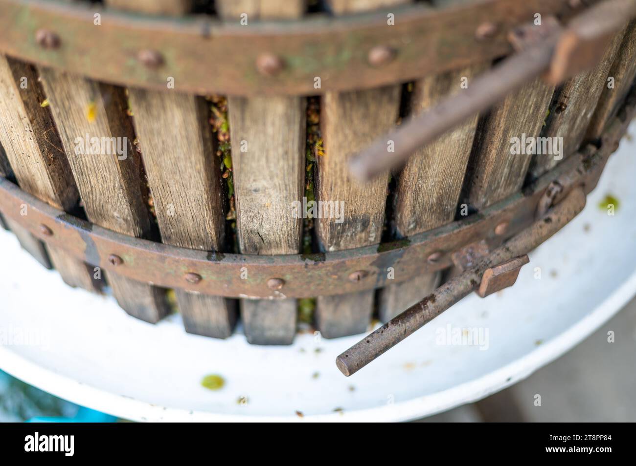 Detail view of mechanical press used for fruit or pressing of wine ...