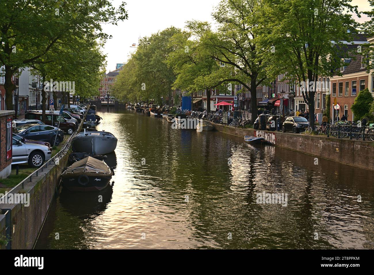 A scenic view of a canal along beautiful buildings in Amsterdam ...