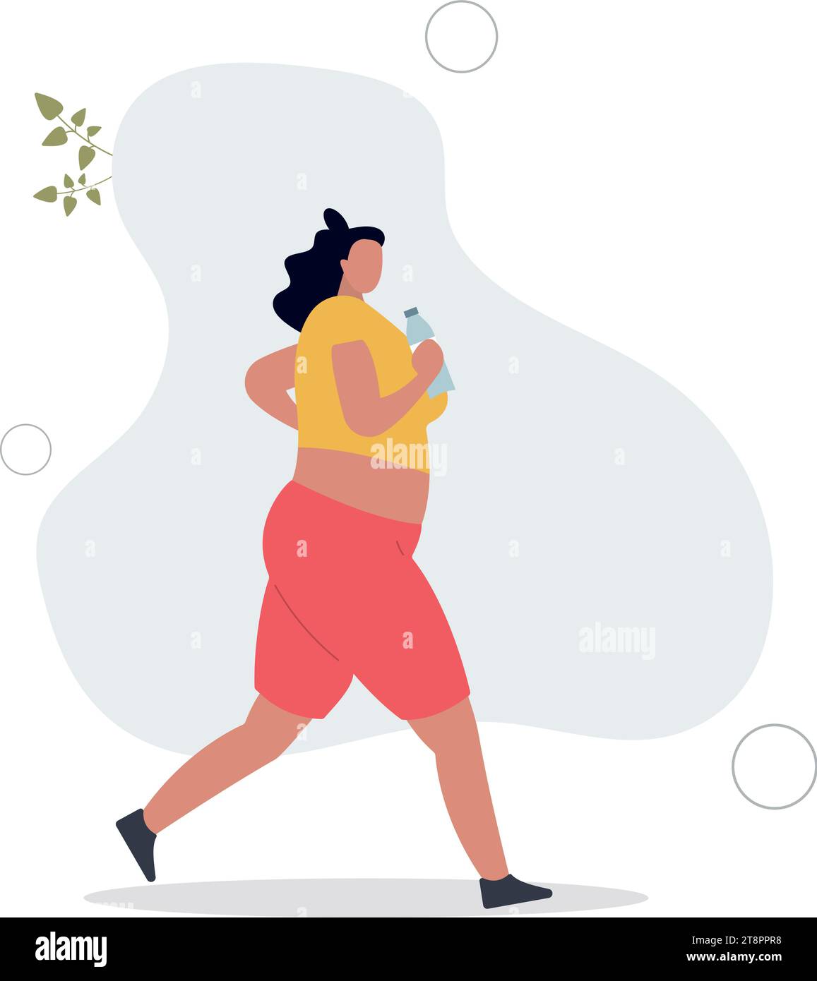 Overweighted girl running holding bottle of water. Obese lady doing ...