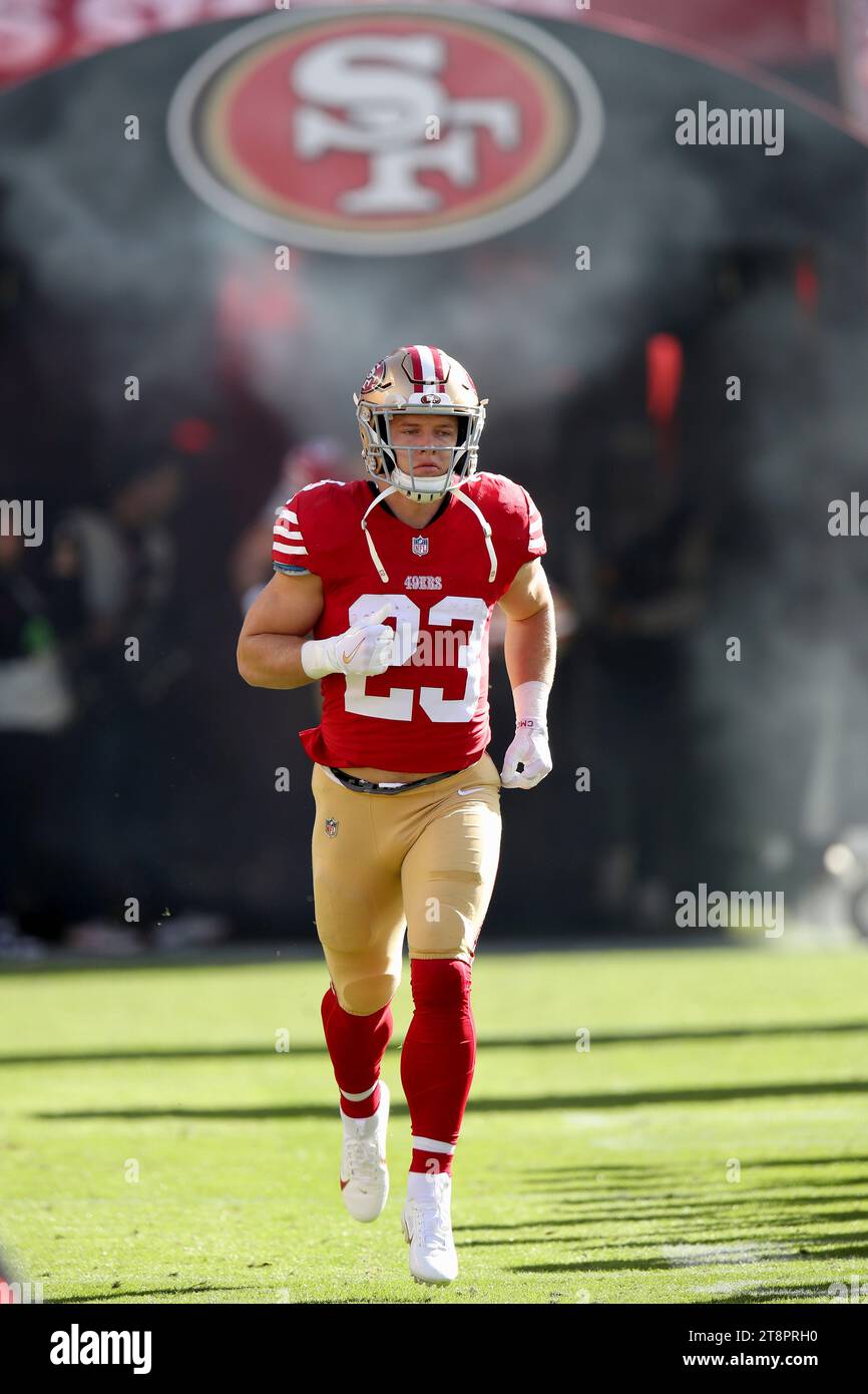 San Francisco 49ers running back Christian McCaffrey (23) runs onto the ...