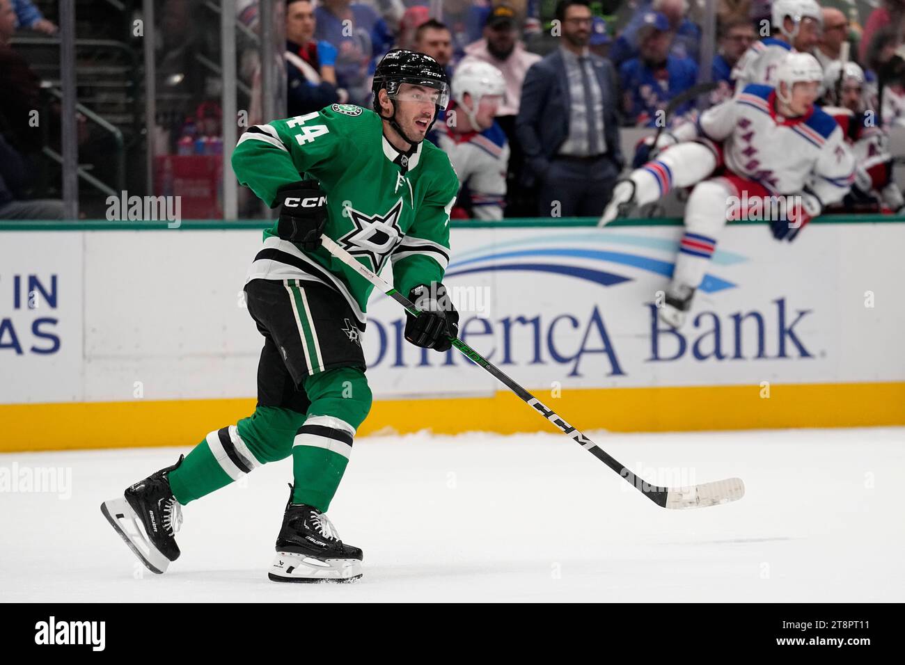 Dallas Stars defenseman Joel Hanley follows play during an NHL hockey ...