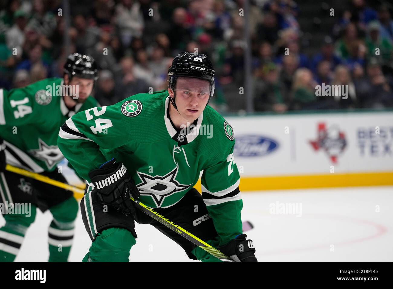 Dallas Stars center Roope Hintz (24) watches a face off during an NHL ...