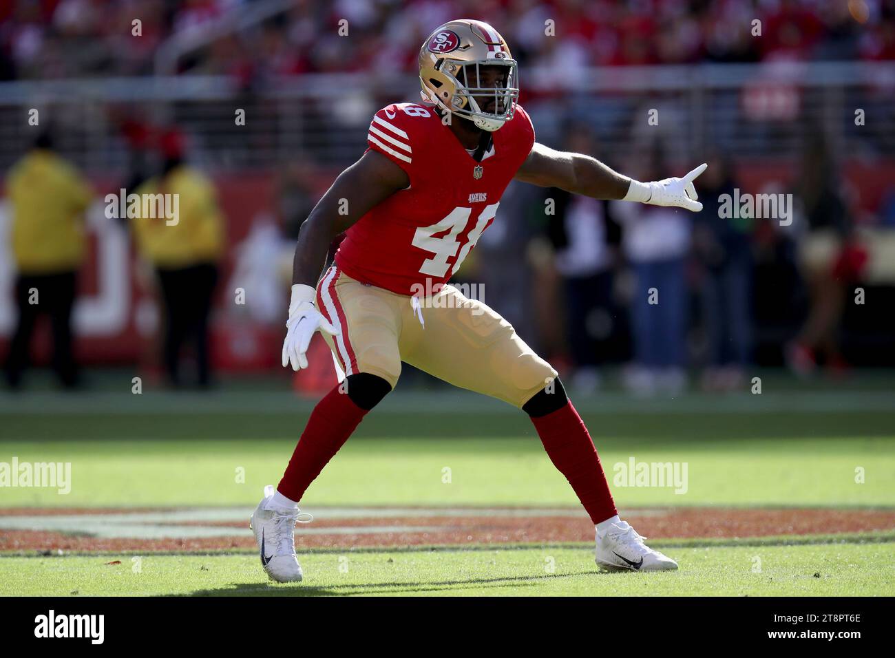 San Francisco 49ers linebacker Oren Burks (48) defends during an NFL ...