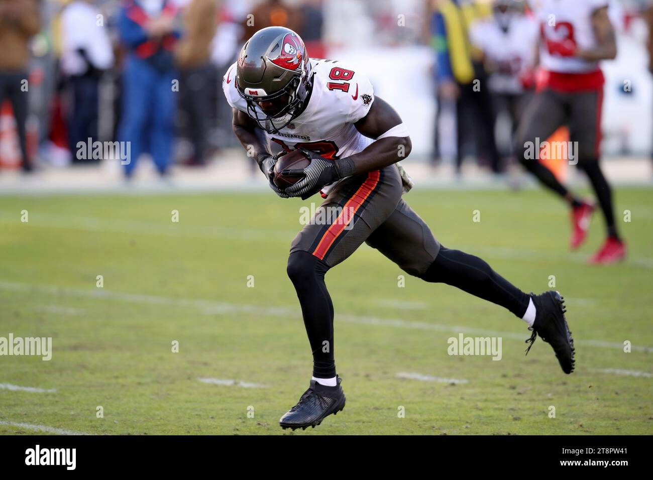 Tampa Bay Buccaneers wide receiver Rakim Jarrett (18) runs during an ...