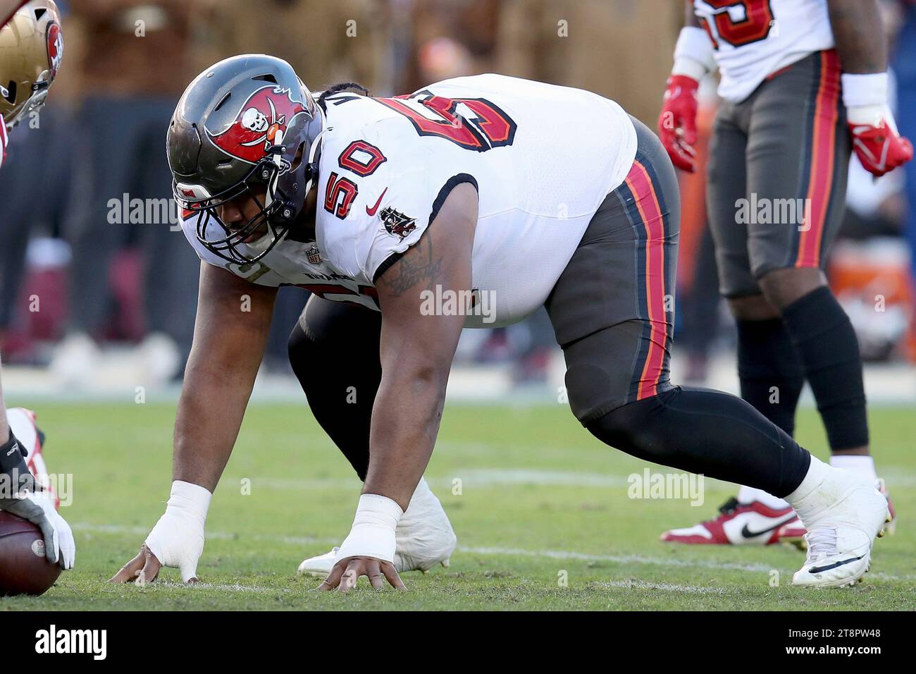 Tampa Bay Buccaneers defensive tackle Vita Vea (50) lines up during an ...