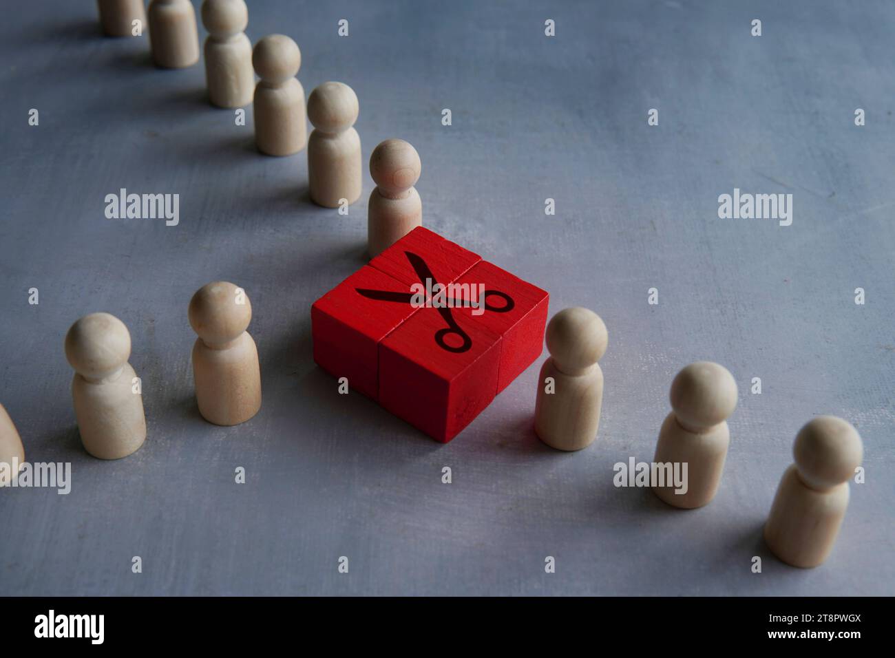 Wooden dolls and scissor icon. Mass layoffs, work optimization and cost ...