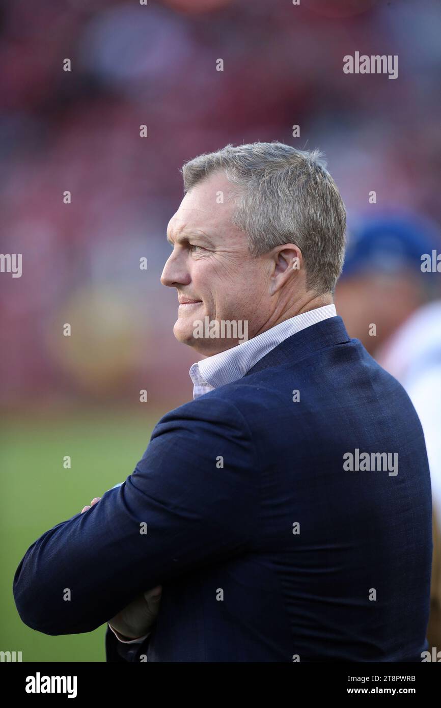 San Francisco 49ers general manager John Lynch stands on the sideline ...