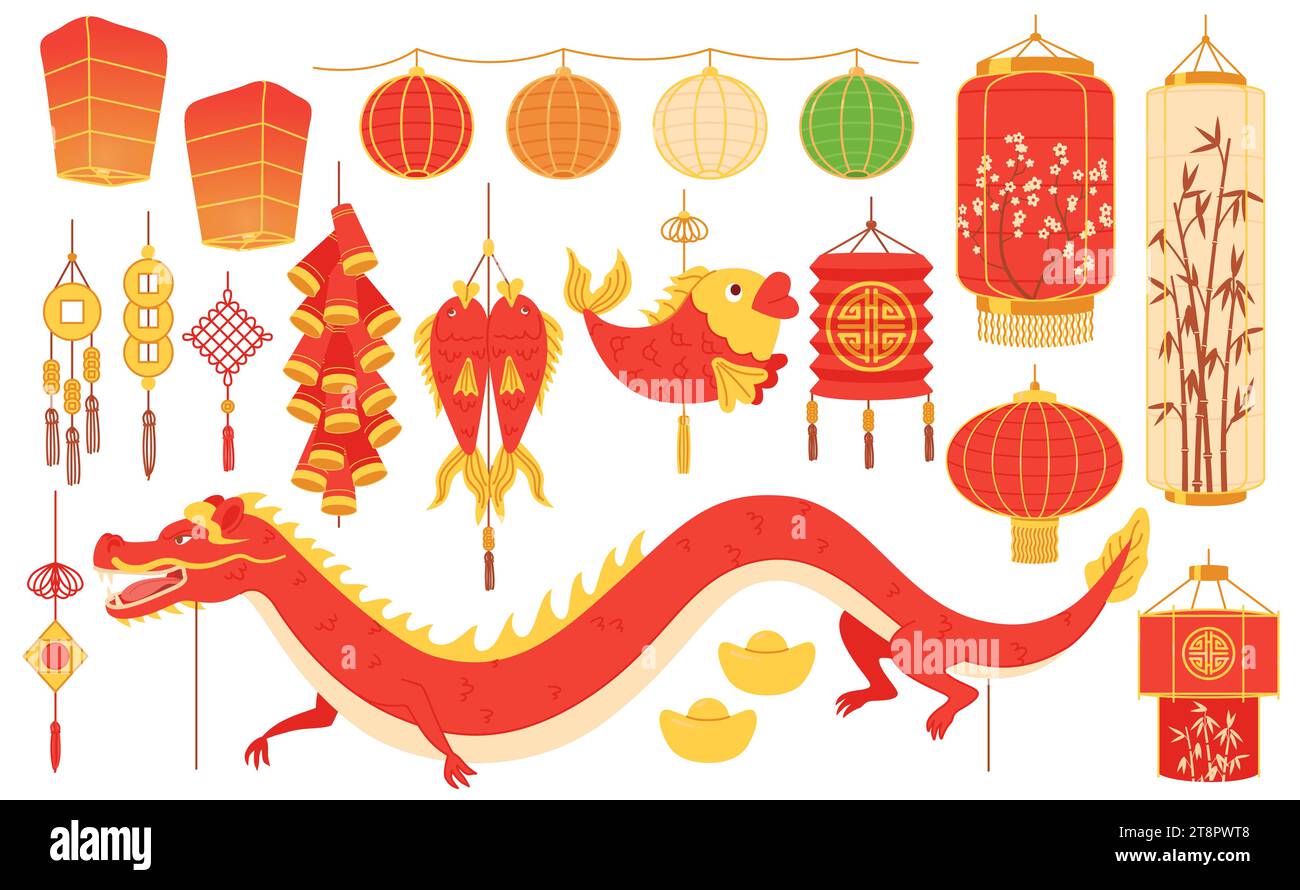Cartoon Chinese suspended and flying lanterns. Traditional holiday ...