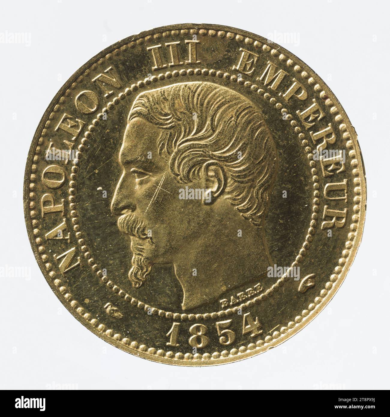 Gold assay for a 2 centimes copper coin of Napoleon III, 1854, Barre ...