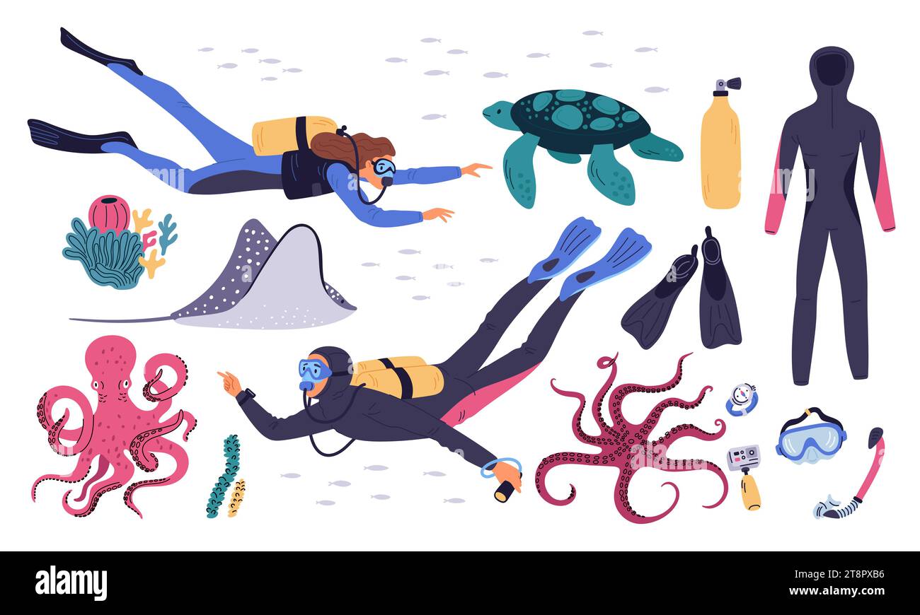 Diving elements. Underwater swimming equipment. People in divers suits ...