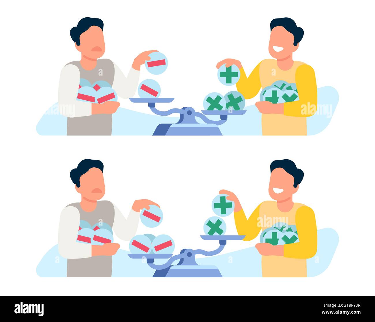 Pluses and minuses comparison. Man puts positive and negative signs on ...