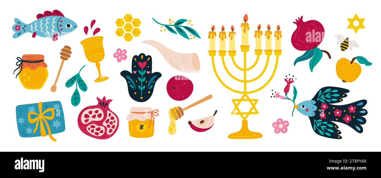 Rosh hashanah and Shana tova elements. Jewish New Year objects. Holiday ...