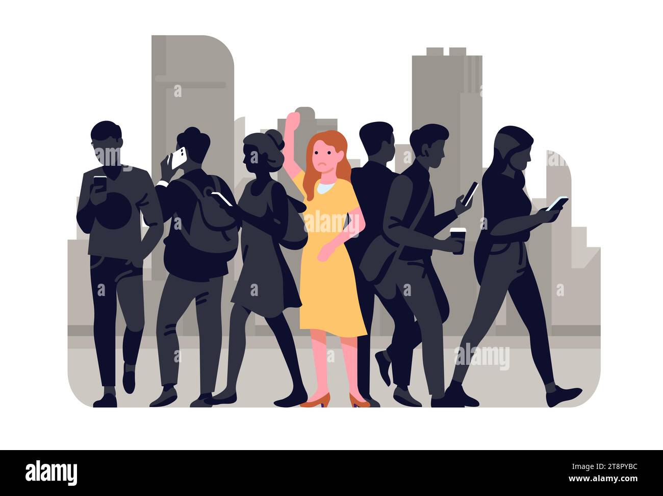 Sad young woman surrounded by silhouettes of people feeling alone in ...