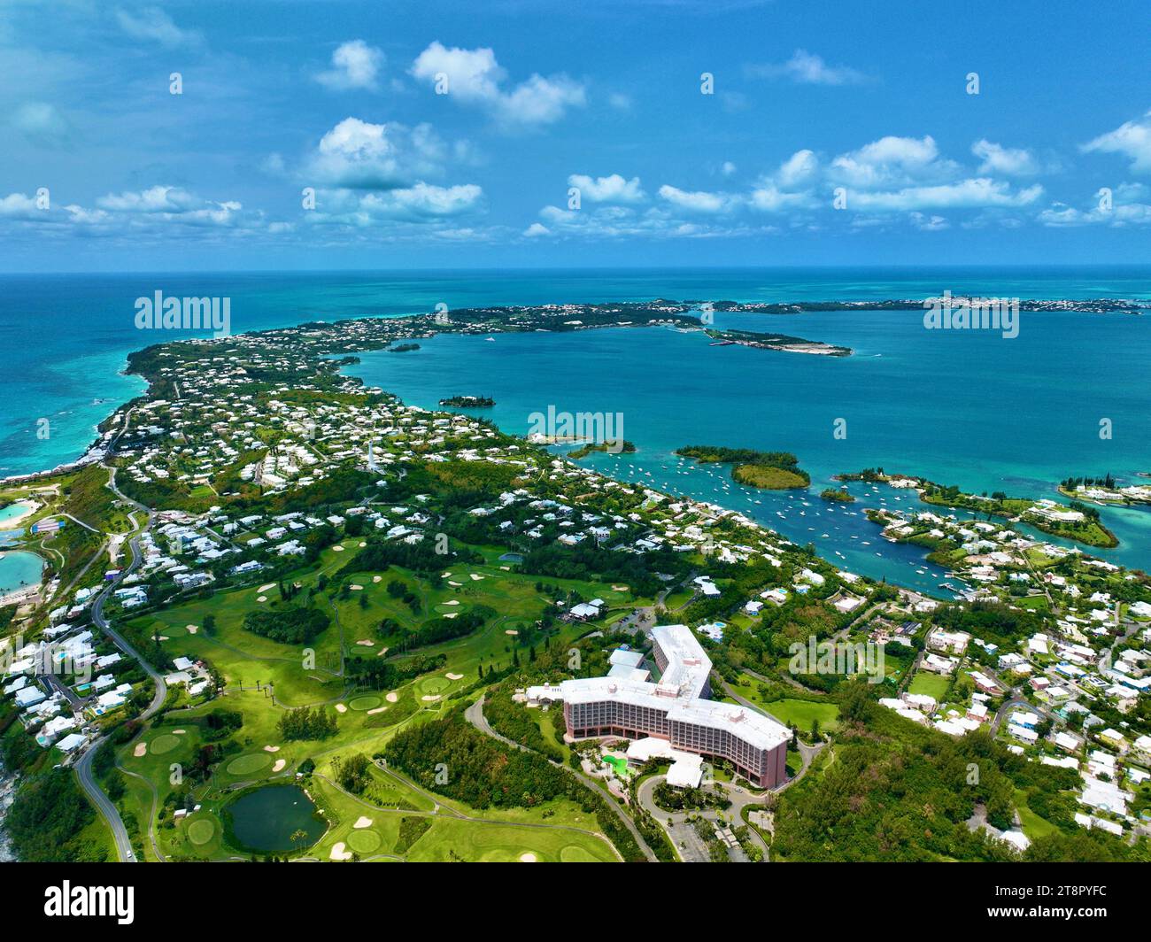 Aerial view of a vibrant cityscape with crystal blue green waters in ...
