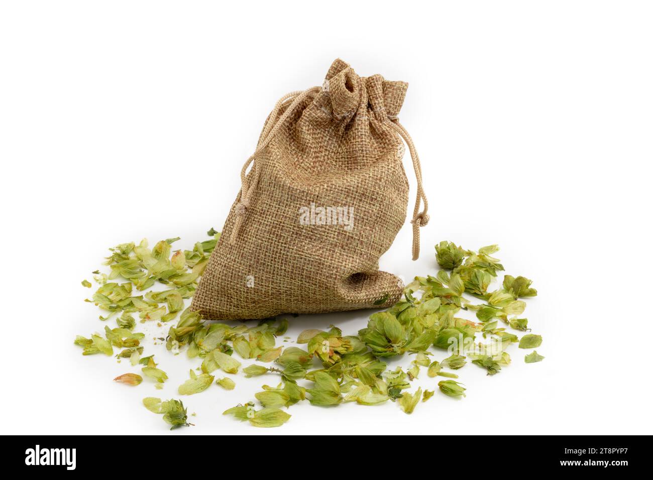 Small jute bag with hops photographed on white background Stock Photo ...