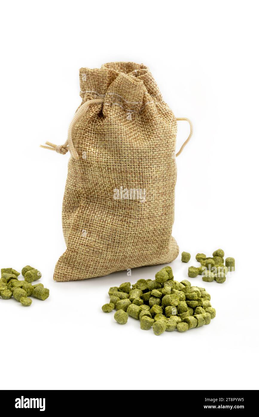 Small jute bag with pile of green hops pellets on white background ...