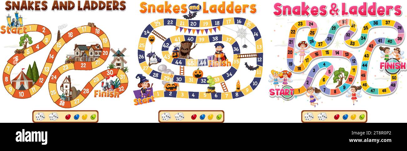 Colorful vector cartoon illustration of a snakes and ladders game ...