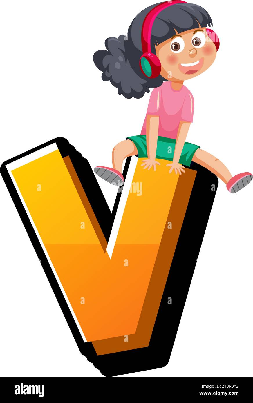 Vector cartoon illustration of English alphabet V with boy and girl ...