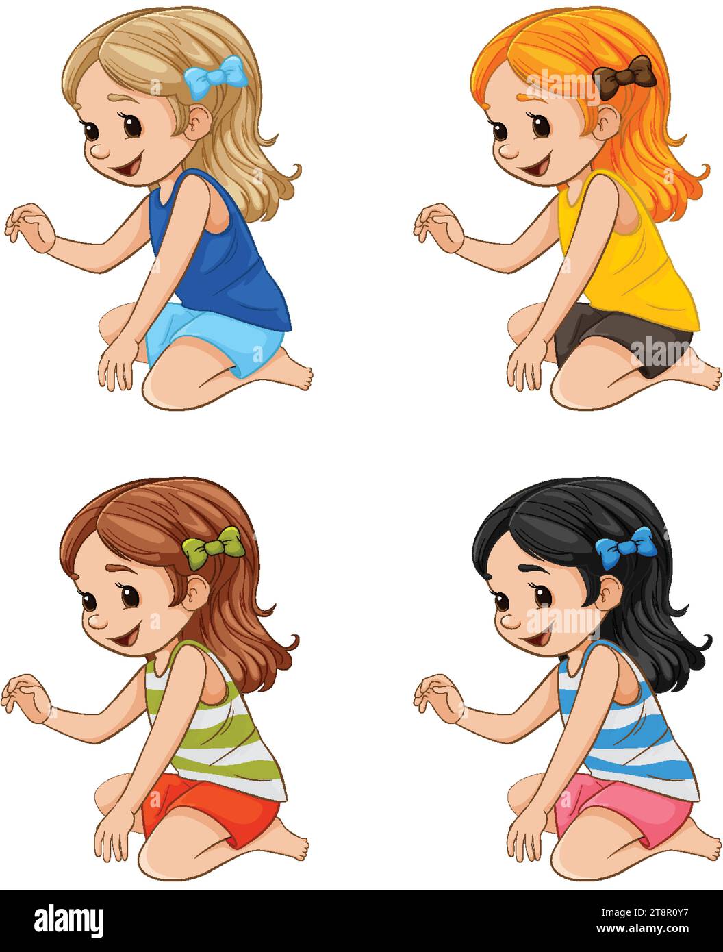 A cheerful girl sitting in a cartoon-style vector illustration Stock ...