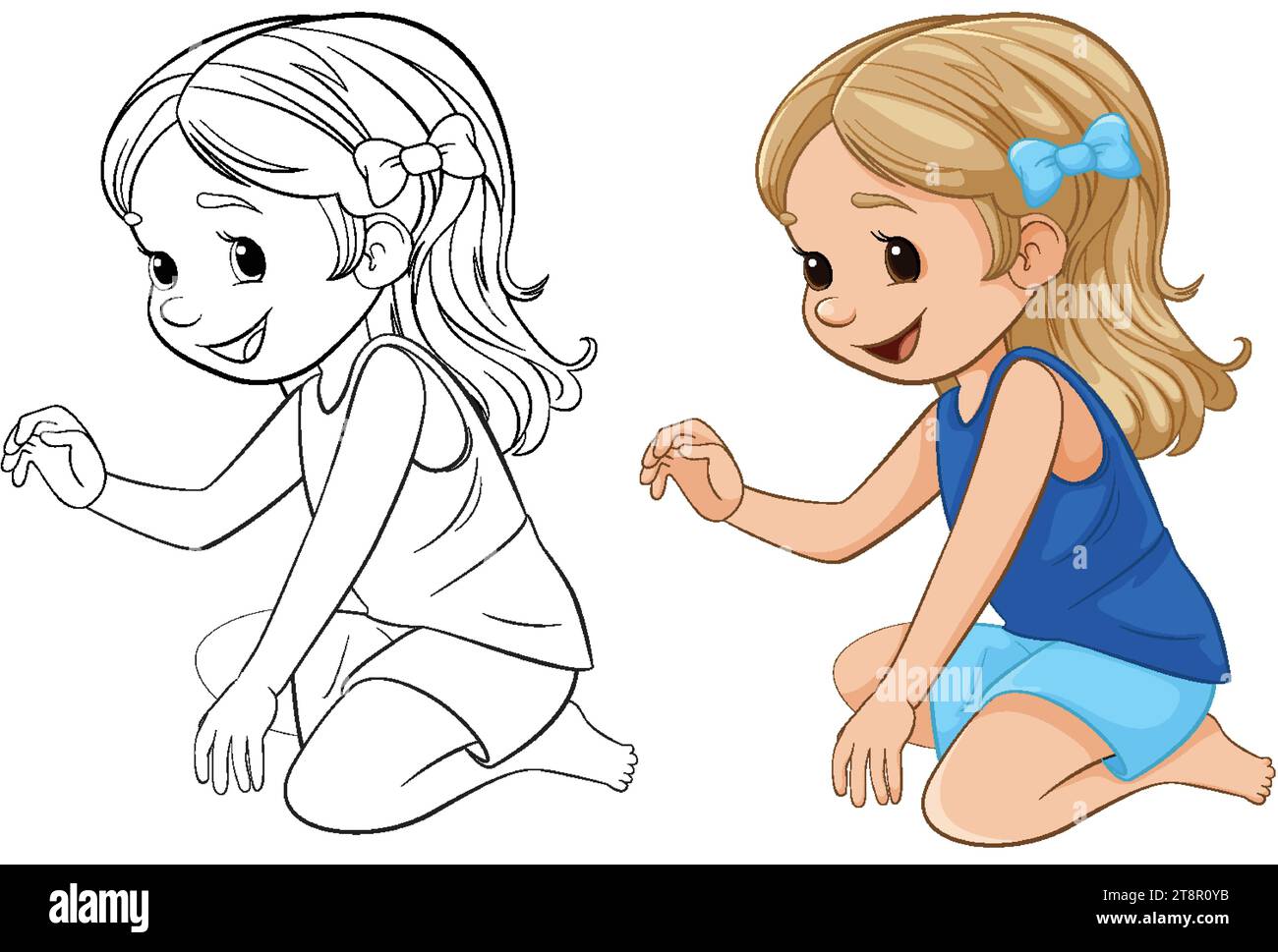Vector cartoon character of a happy girl sitting, ready for coloring ...