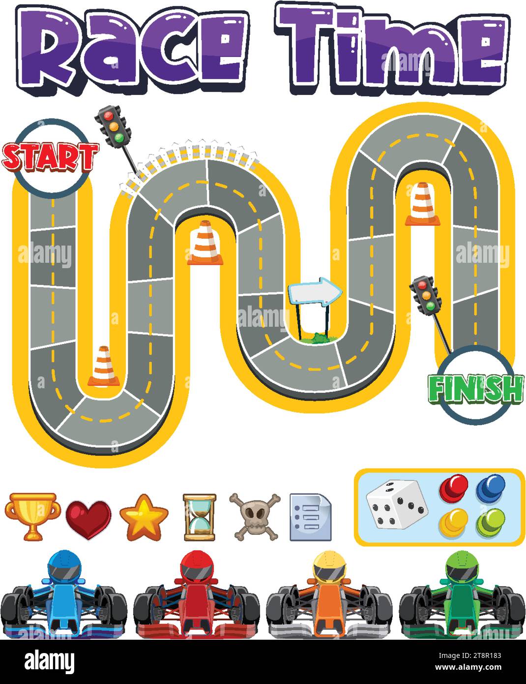 A vector cartoon illustration of a maze game with a car racing theme ...