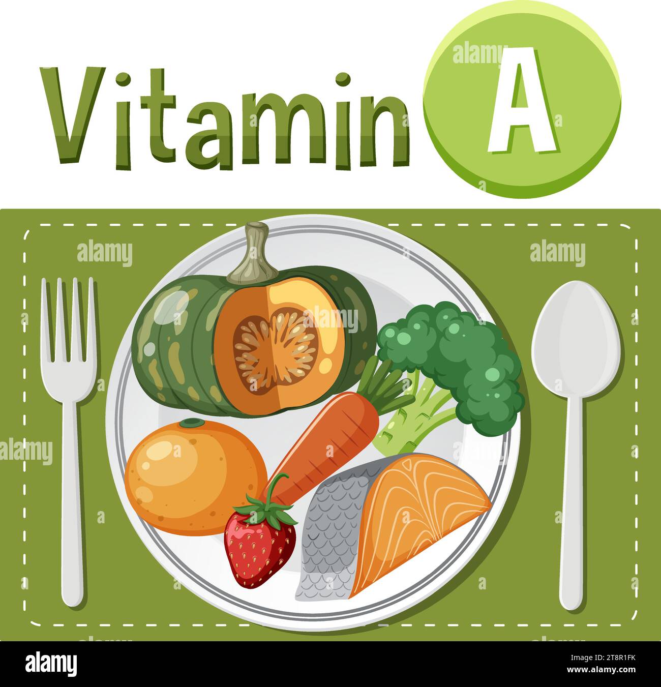 Colorful cartoon-style illustration featuring a variety of vitamin A ...