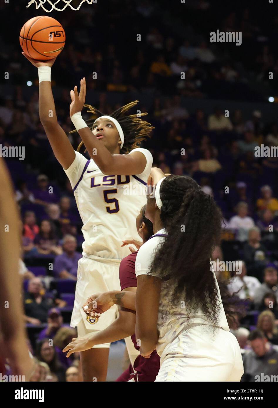 Baton Rouge, USA. 20th Nov, 2023. LSU Lady Tigers forward Sa'Myah Smith (5) shoots a layup ...