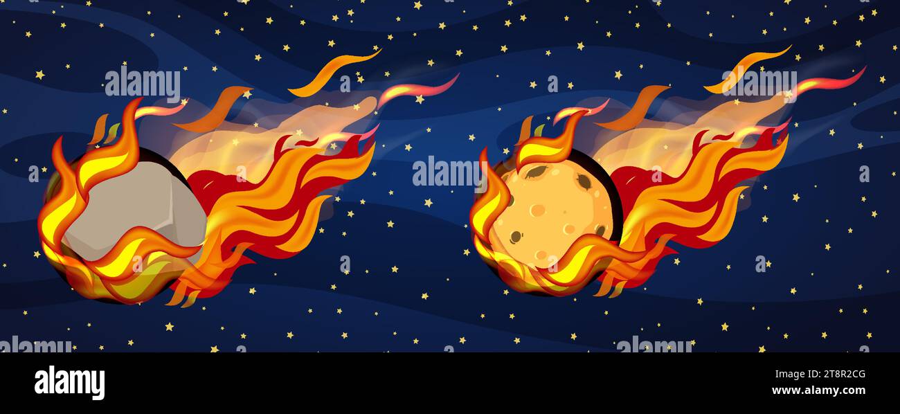 Colorful vector illustration of comets, asteroids, and meteors on a ...