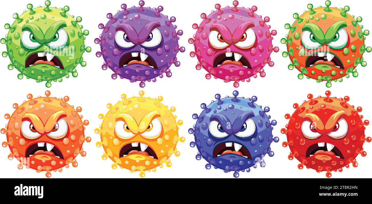 A lively illustration featuring a group of cartoon germ virus monsters ...