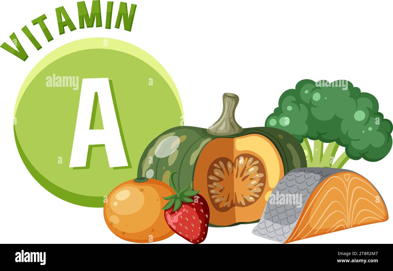 Colorful cartoon-style image featuring a variety of nutritious foods ...