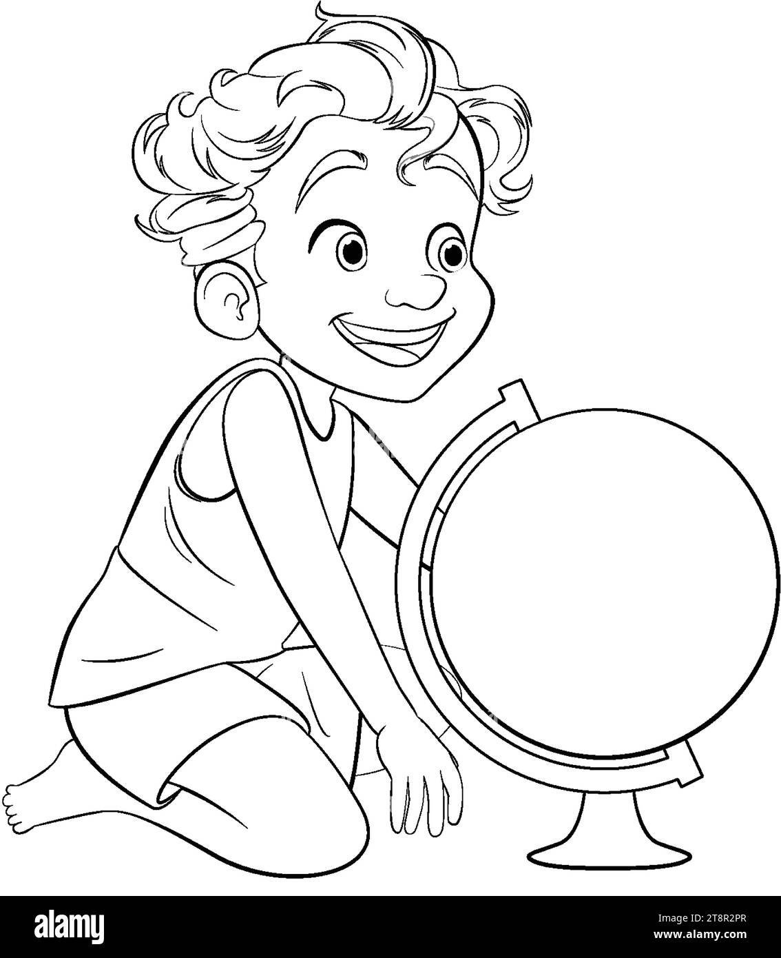 A charming cartoon character sitting and interacting with a globe Stock ...