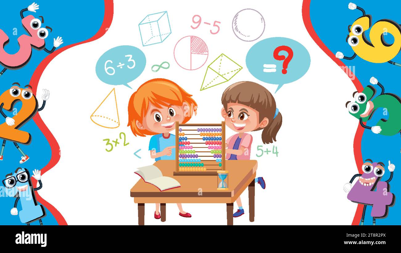 Girls Learning Math with Abacus on Math Background illustration Stock ...