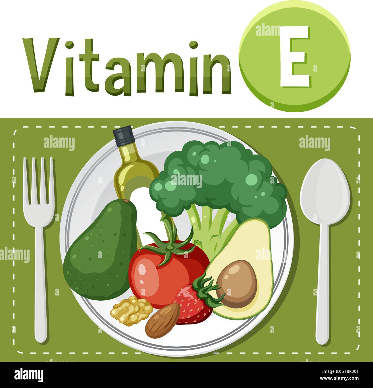 Learn about vitamin E-rich foods in a fun cartoon illustration Stock ...