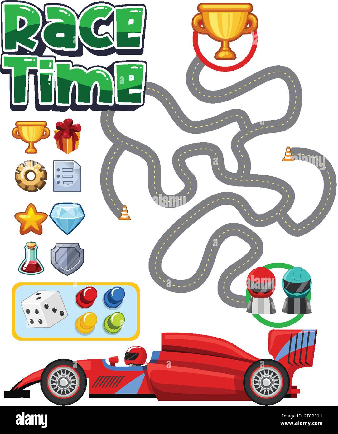 A vector cartoon illustration of a maze game with a car racing theme ...