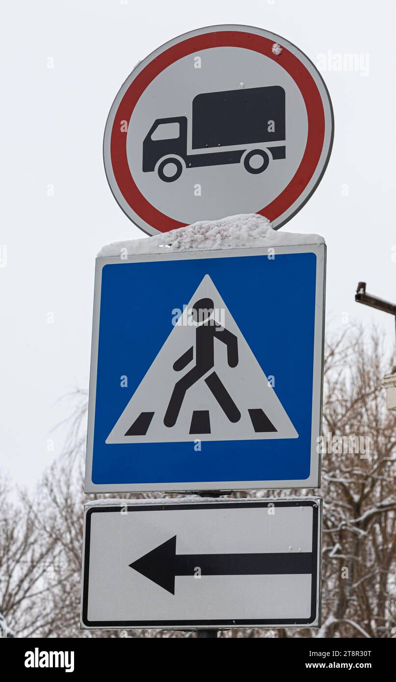 Road Signs. crosswalk. The movement of trucks is prohibited Stock Photo ...