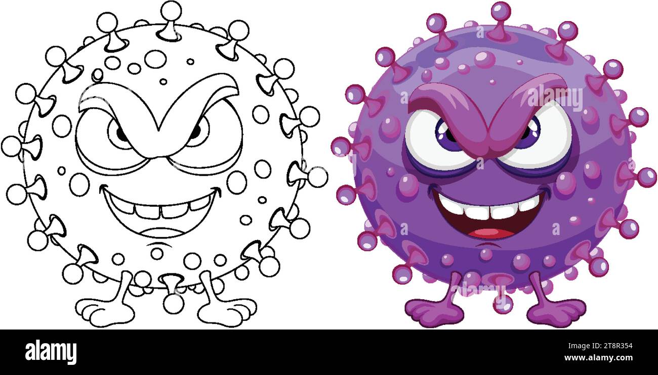 A cute and colorful cartoon character of a purple germ virus monster ...