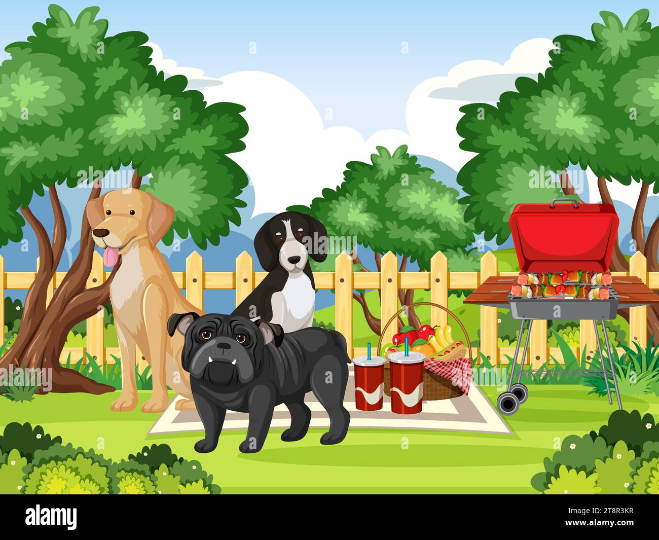 Vector cartoon illustration of dogs enjoying a picnic in a nature park ...
