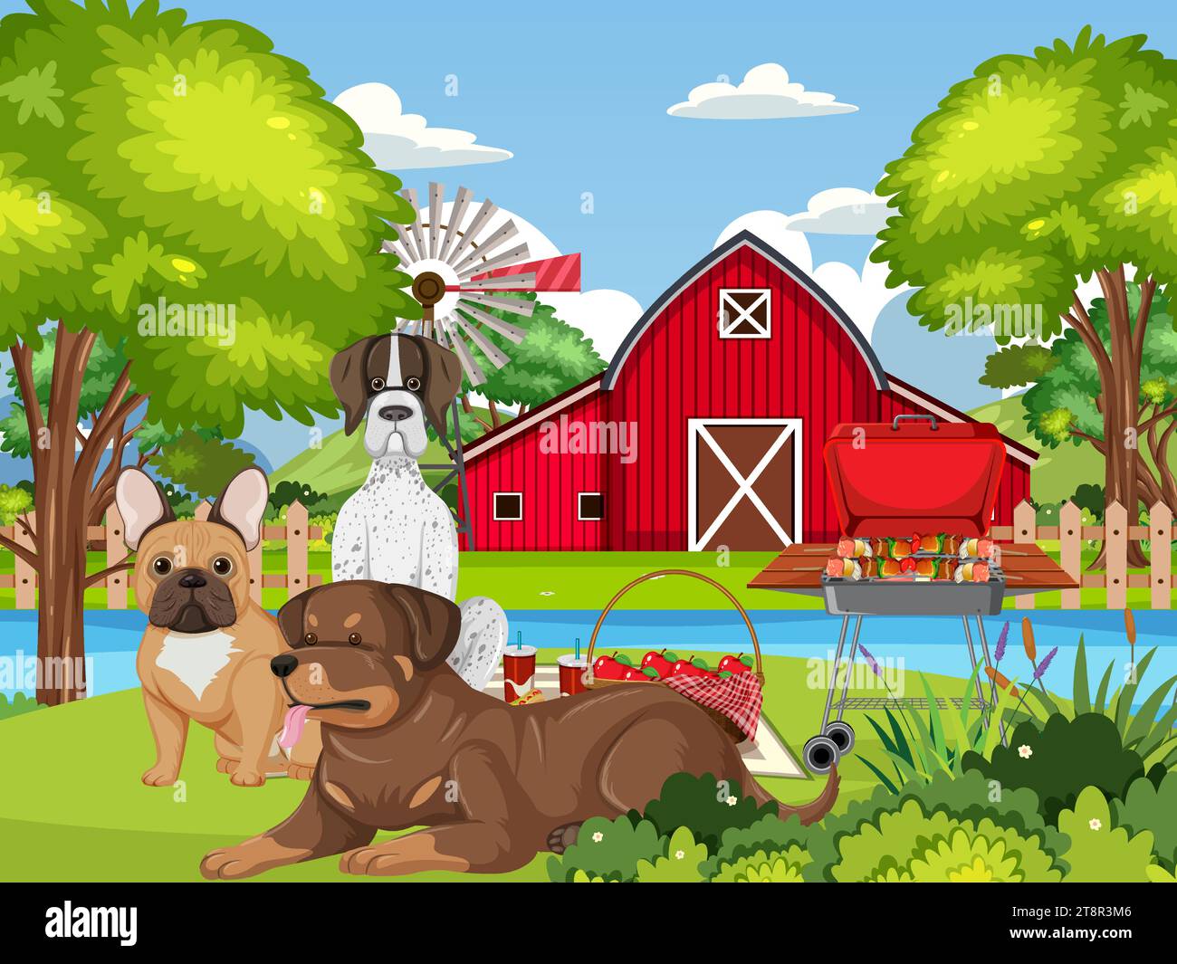 Cartoon illustration of animals in rural landscape with river Stock ...