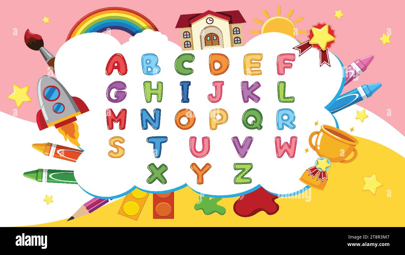 Colorful vector illustration of an educational ABC learning sheet with ...