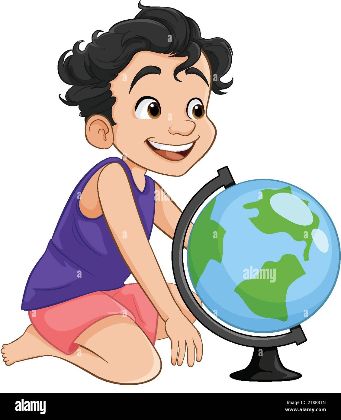 Cartoon character boy happily explores world with globe toy Stock ...