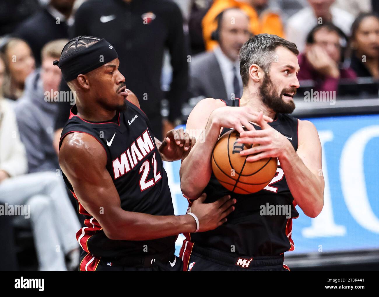 Chicago, USA. 20th Nov, 2023. Kevin Love (R) and Jimmy Butler of Miami ...
