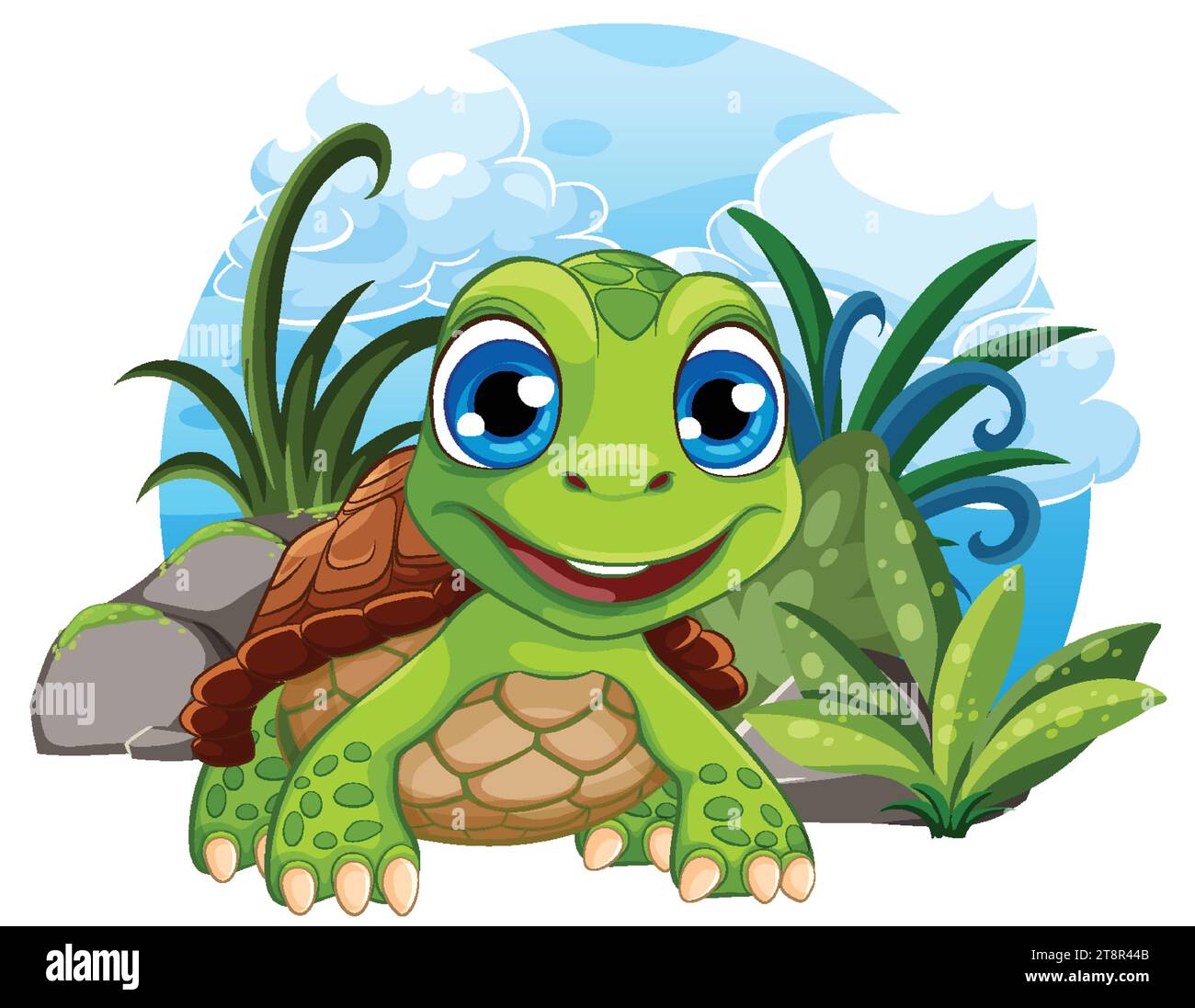 A vector cartoon illustration of a cute turtle surrounded by plants and ...