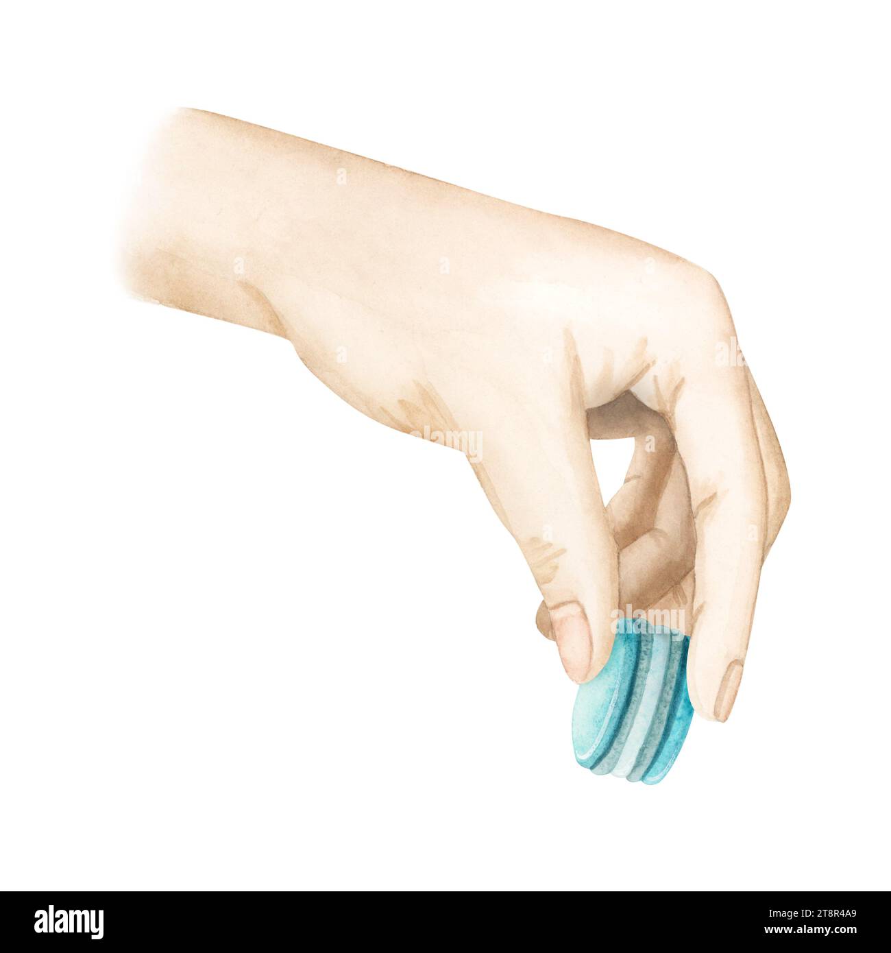 Hand holding teal pastel blue French macaroon watercolor illustration ...