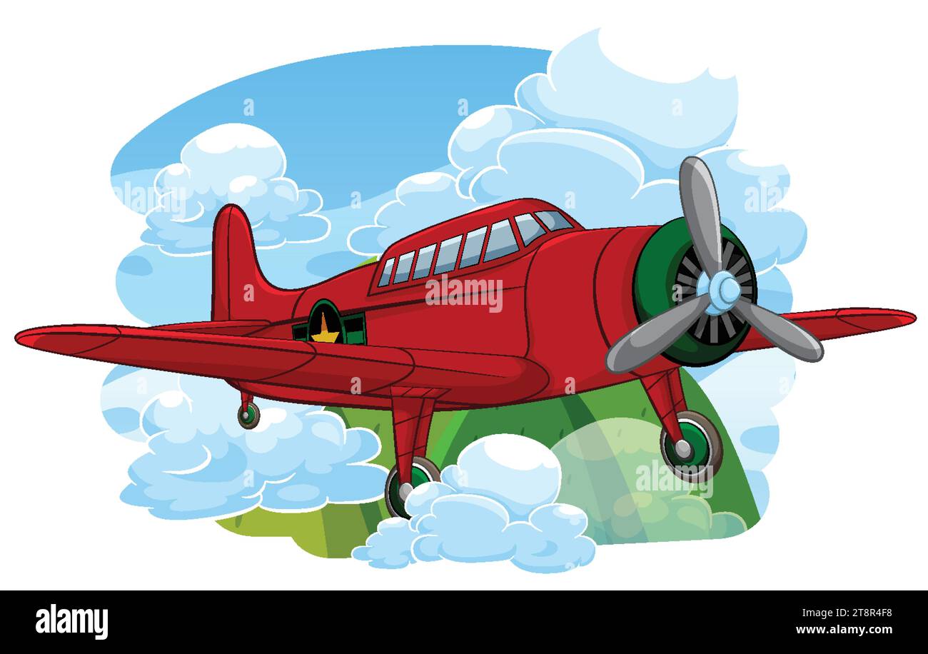 A vector cartoon illustration of a vintage military aircraft flying in ...