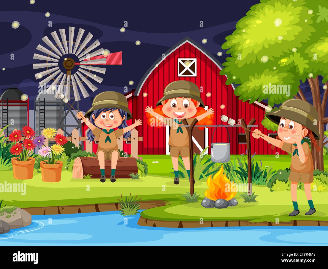 A vector cartoon illustration of a boy and girl camping at a farmhouse ...